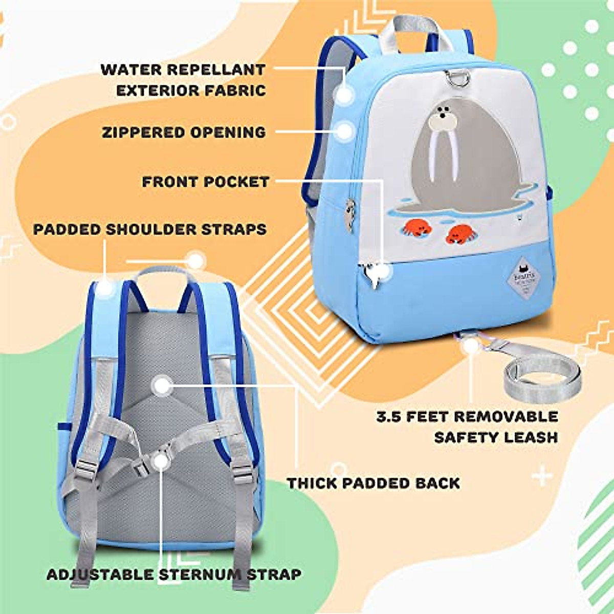 Beatrix New York - Toddler & Kids 11.5" Backpack Bag with Removable Leash for Girls & Boys (WALRUS), Ideal for Preschool & Kindergarten Back to School