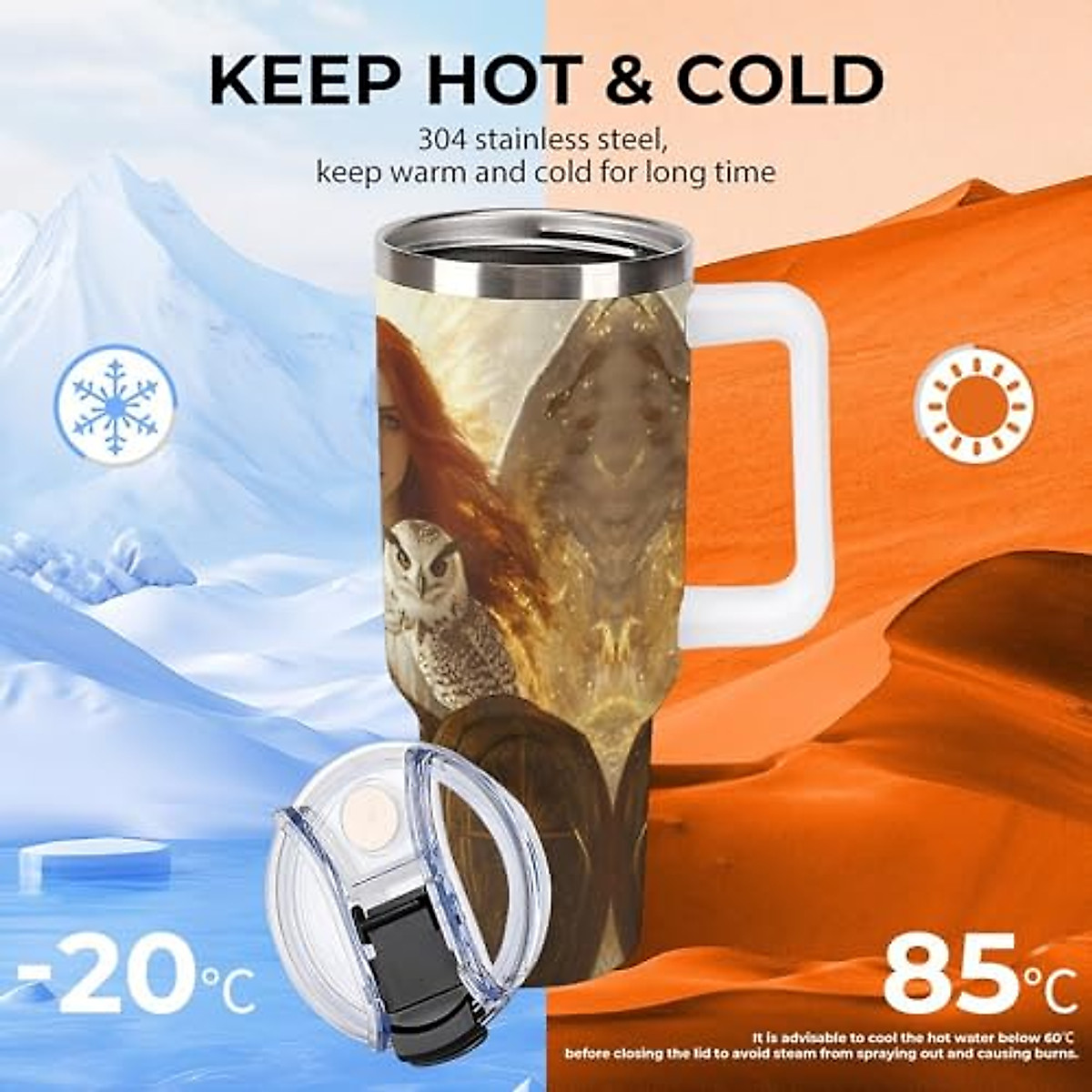 Goddess Athena Insulated Tumblers with Handle Stainless Steel Coffee Mug Funny Travel Cup with Lid Straw 40oz