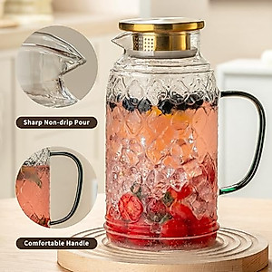 Buaic Glass Pitcher with Lid,50 oz/1.5L Liter Vintage Water Pitcher, Clear Borosilicate Glass Water Carafe for Cold Brew, Coffee, Lemonade, Iced Tea, Juice, Beverage, Heat Resistant Water Glass Jug