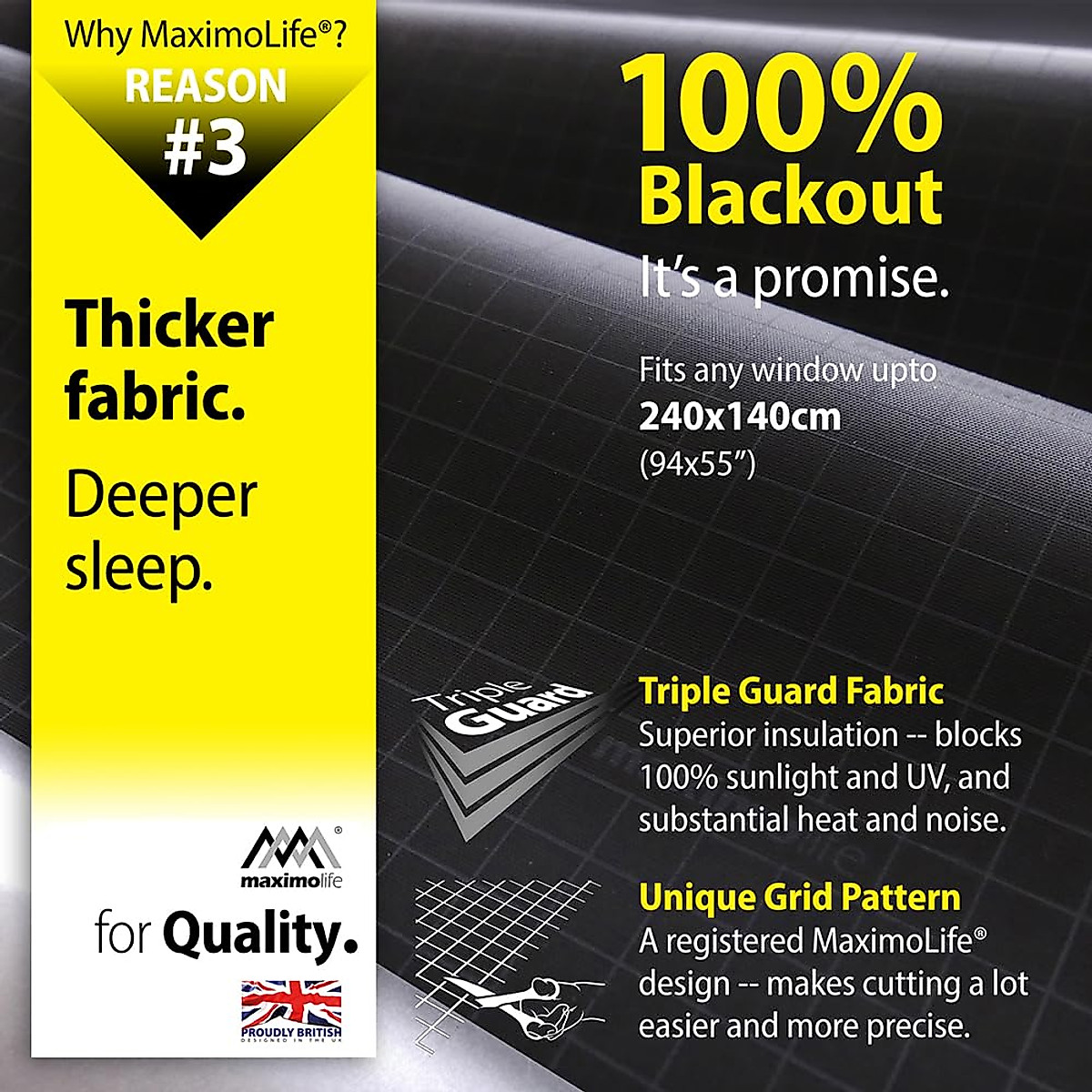 MaximoLife® Ultimate 100% Blackout Blind | Fits Any Window Size & Shape | Super Easy to Set Up and Take Down | 16X Suction Cups 25X Hook Tabs 32X Loop Tabs | Portable Travel Temporary Permanent