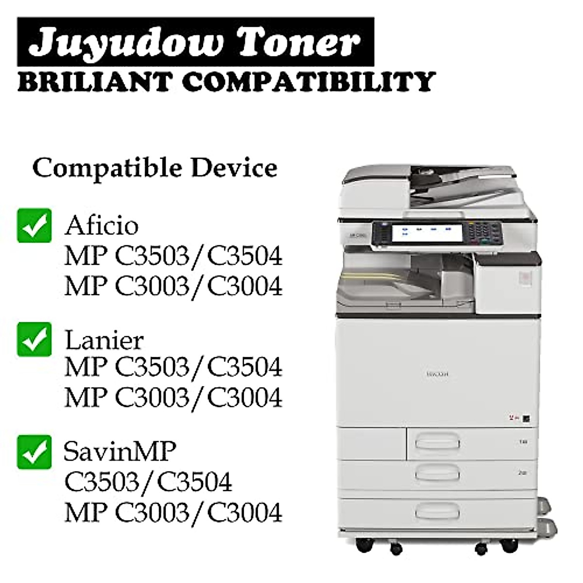Juyudow MP C3503 Toner Cartridge Compatible for Ricoh Aficio Lanier Savin MP C3503 C3003 C3004 C3504 (4 Pack, BK, C, Y, M) Part#: 841813 841814 841815 841816 High Yield