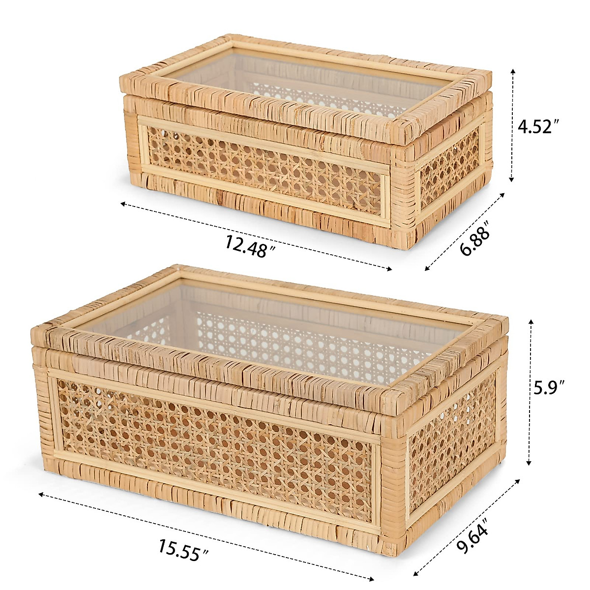 Handwoven Boho Rattan Display Boxes with Glass Lids - Set of 2 Rectangular Decorative Storage Bins - Natural Woven Cane Home Decor Organizers