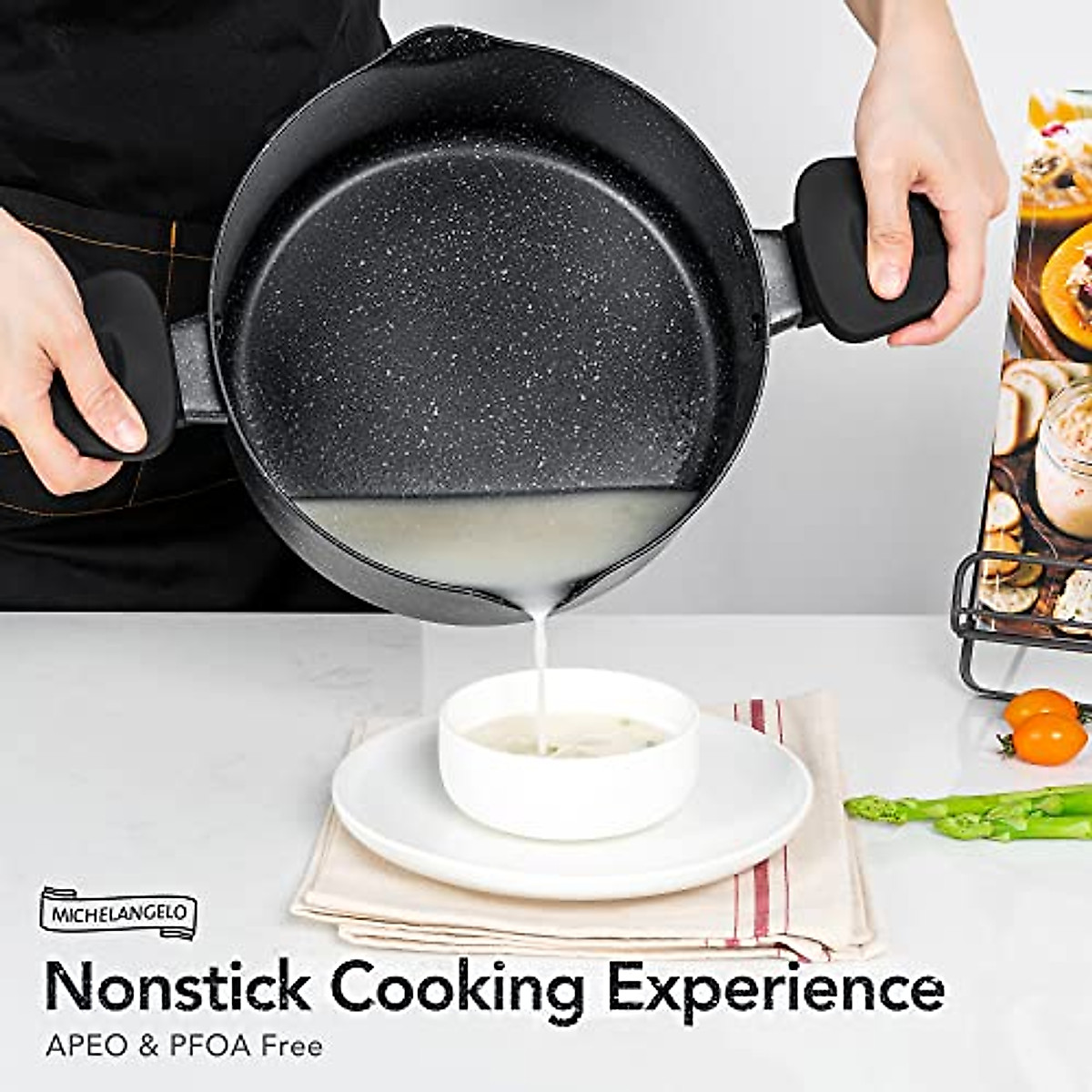 MICHELANGELO Stock Pot with Lid 6 Quart Cooking Pot Nonstick Soup Pot with Twist and Lock Handles, Aluminum Pasta Pot with Granite Coating, Induction Compatible