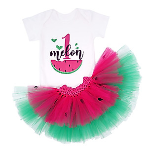 Gouldianfinch Infant Baby Girls 1st Birthday Outfits Watermelon Printed Romper + Tutu Skirt Toddler Princess Dress(Rose Red,12-18Months)