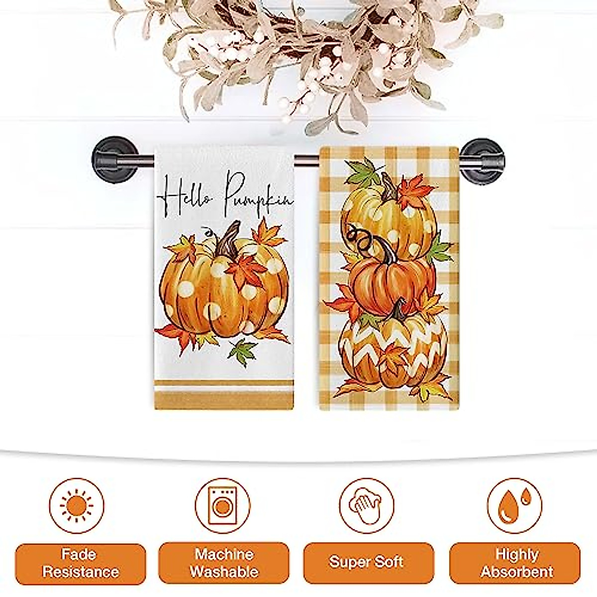 Seliem Fall Hello Pumpkin Patch Kitchen Dish Towels Set of 2, Autumn Maple Leaves Hand Towels Buffalo Plaid Check Drying Baking Cooking Cloth, Farmhouse Thanksgiving Home Kitchen Decor 18x26 Inch