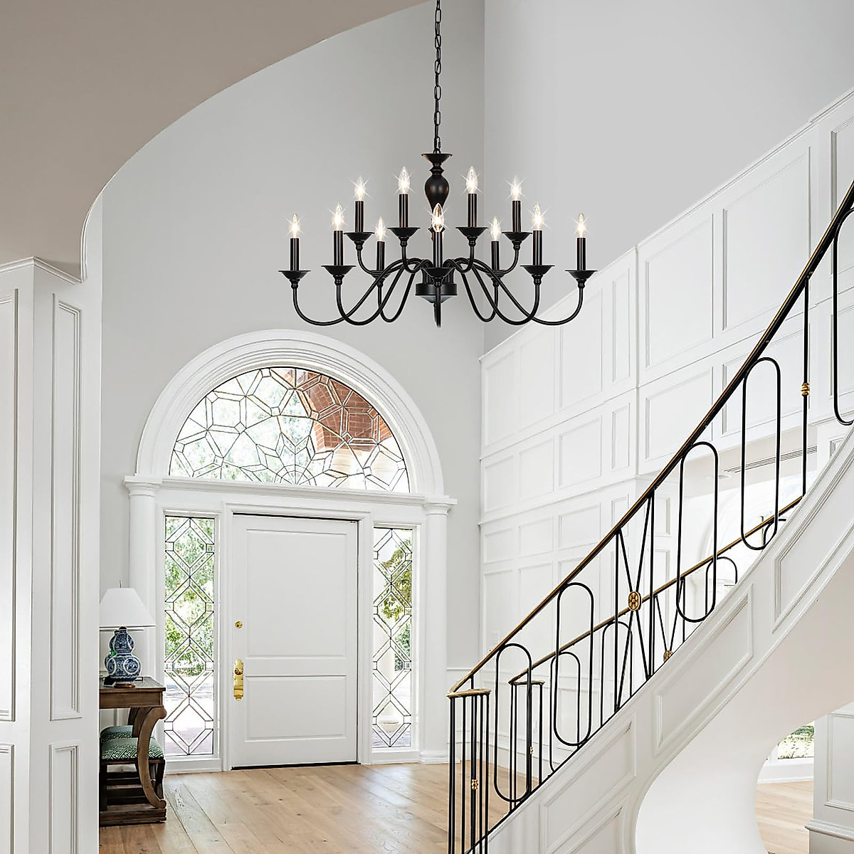 LIGHTDAMY Black Farmhouse Chandeliers for Dining Room Light Fixtures Over Table, 12 Light Industrial Candle Hanging Light Fixture for Living Room Kitchen Island Foyer Staircase