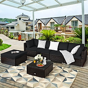 Tangkula 6 Piece Patio Furniture Set, Outdoor Deck Lawn Backyard Durable Steel Frame PE Rattan Wicker Sectional Sofa Set, Conversation Set with Coffee Table (Black)