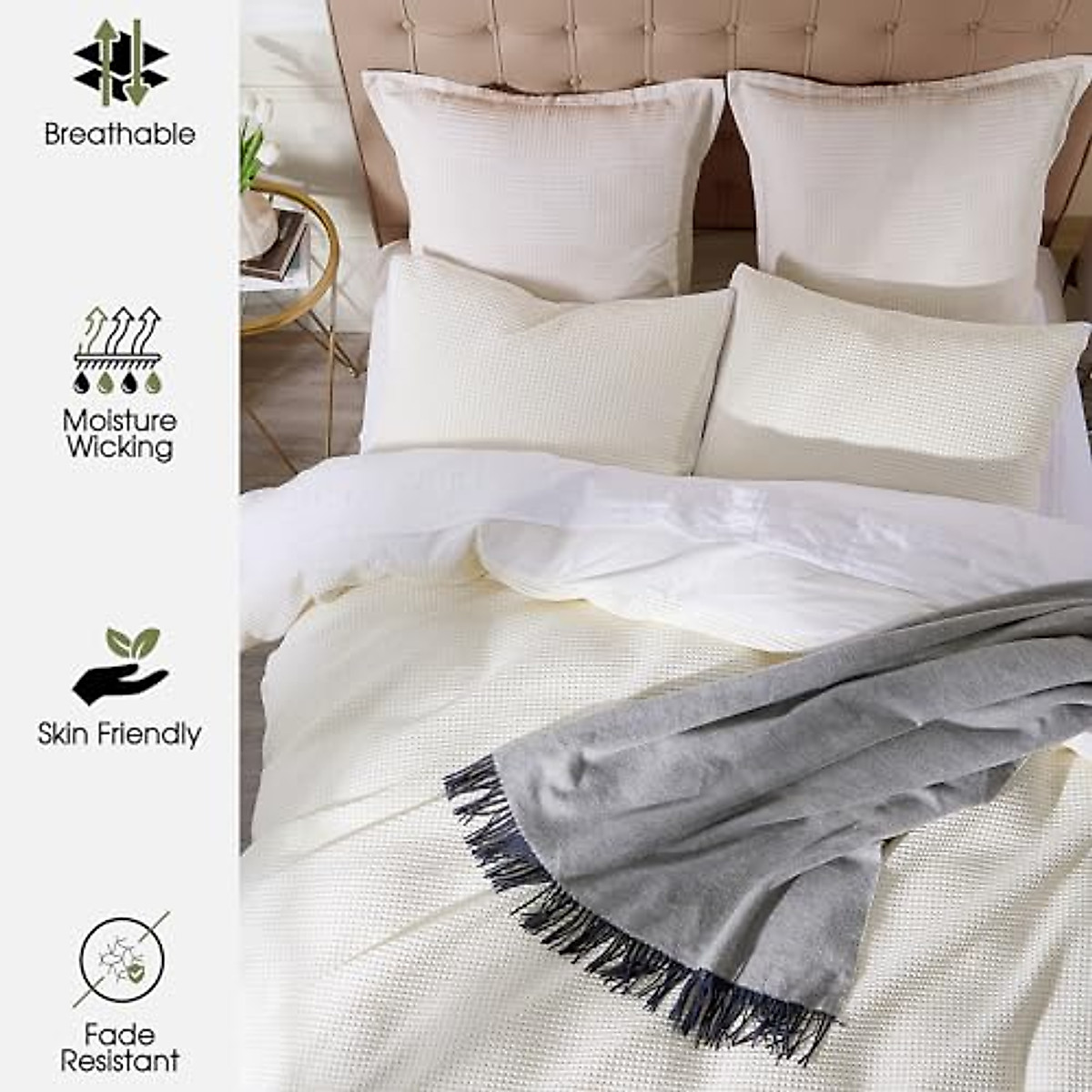 Grassix Waffle Weave Duvet Cover Queen Size 100% Cotton Duvet Cover Set with Zipper Closure Soft Breathable Textured Bedding Set for All Seasons, Comforter Cover Cream White 90"x90"
