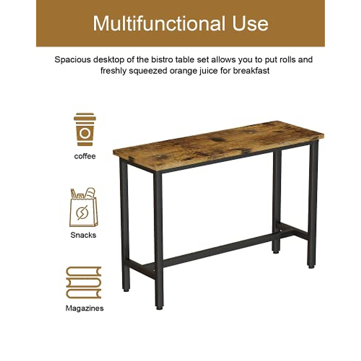 DKLGG Small Bar Table with Stools, Rectangle Bar Table and Chairs Set, Counter Height Tabletop for Breakfast Restaurant Dinner Living Party Room Small Space, 3-Piece Pub Dining Furniture, Bistro Set