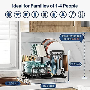 iSPECLE Dish Drying Rack with Drainboard - 2 Tier Dish Racks for Kitchen Counter with Cup Holder, Rust-Resistant Dish Drainer with Utility Hooks, Utensil Holder and Cutting Board Holder, Black