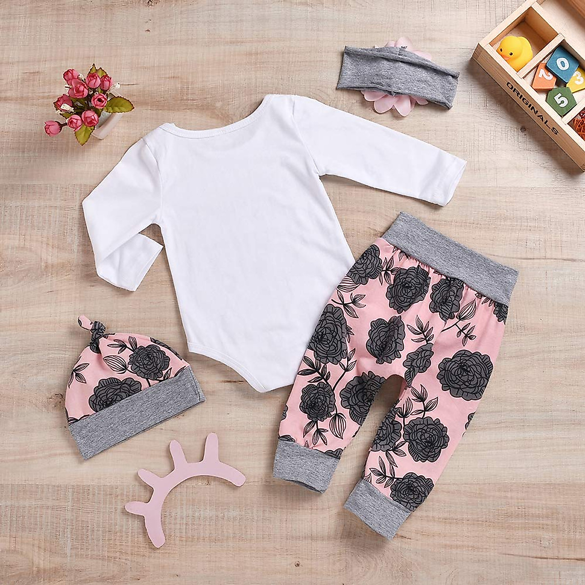 4Pcs Infant Baby Girls Arrow Letters Romper Top+Long Floral Pant Leggings+Warm Hat+Headhand Bodysuit (0-3 Months, White&Floral)