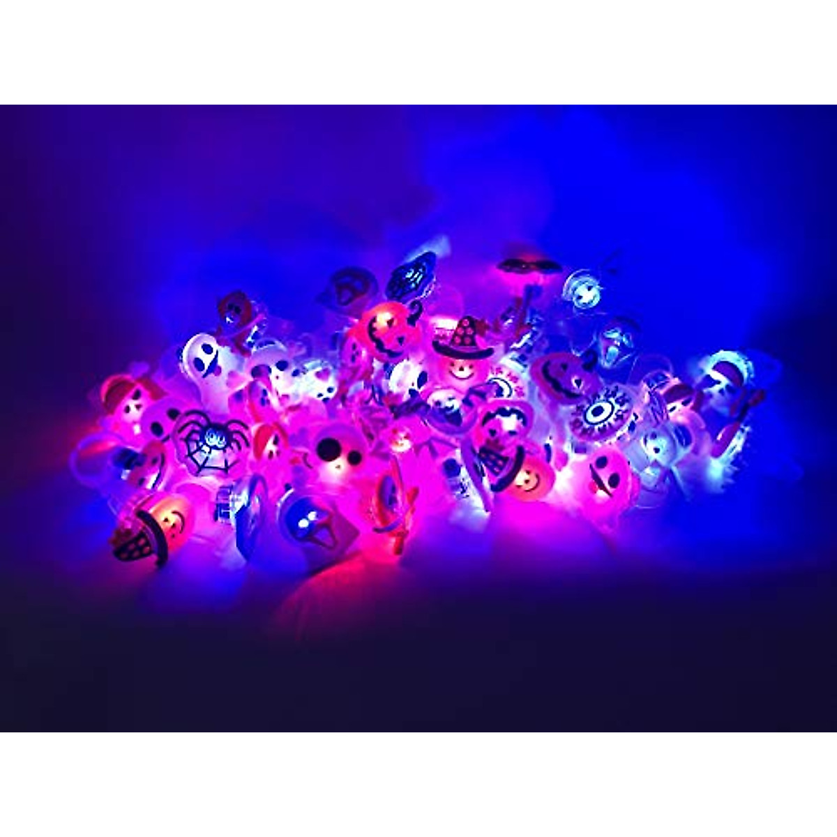 50 Pack Halloween LED Glow Ring for Kids, The Dark Birthday Party Supplies Prizes Classroom LED Halloween Christmas Light up Toys Flash Finger Rubber Rings 10 Shape Ghost Pumpkin Skeleton Spider Bat
