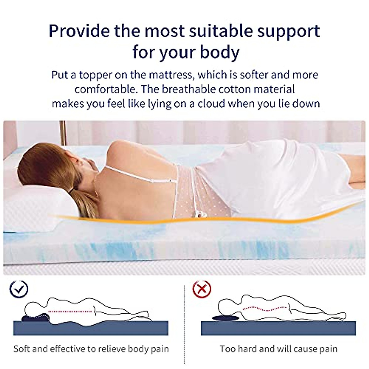 3 Inches Memory Foam Mattress Topper, Gel Infused Ventilated Bed Topper, Soft Foam Topper for Pressure Relieving (Queen)