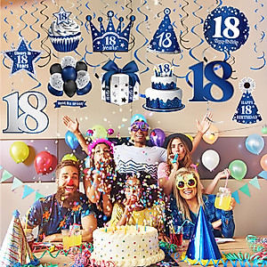 30 Pieces Happy 18th Birthday Party Hanging Swirls Decorations, Navy Blue Silver Black 18th Birthday Foil Swirls Ceiling Decor for Boy Men Cheers to 18 Years Birthday Anniversary Decorations Supplies