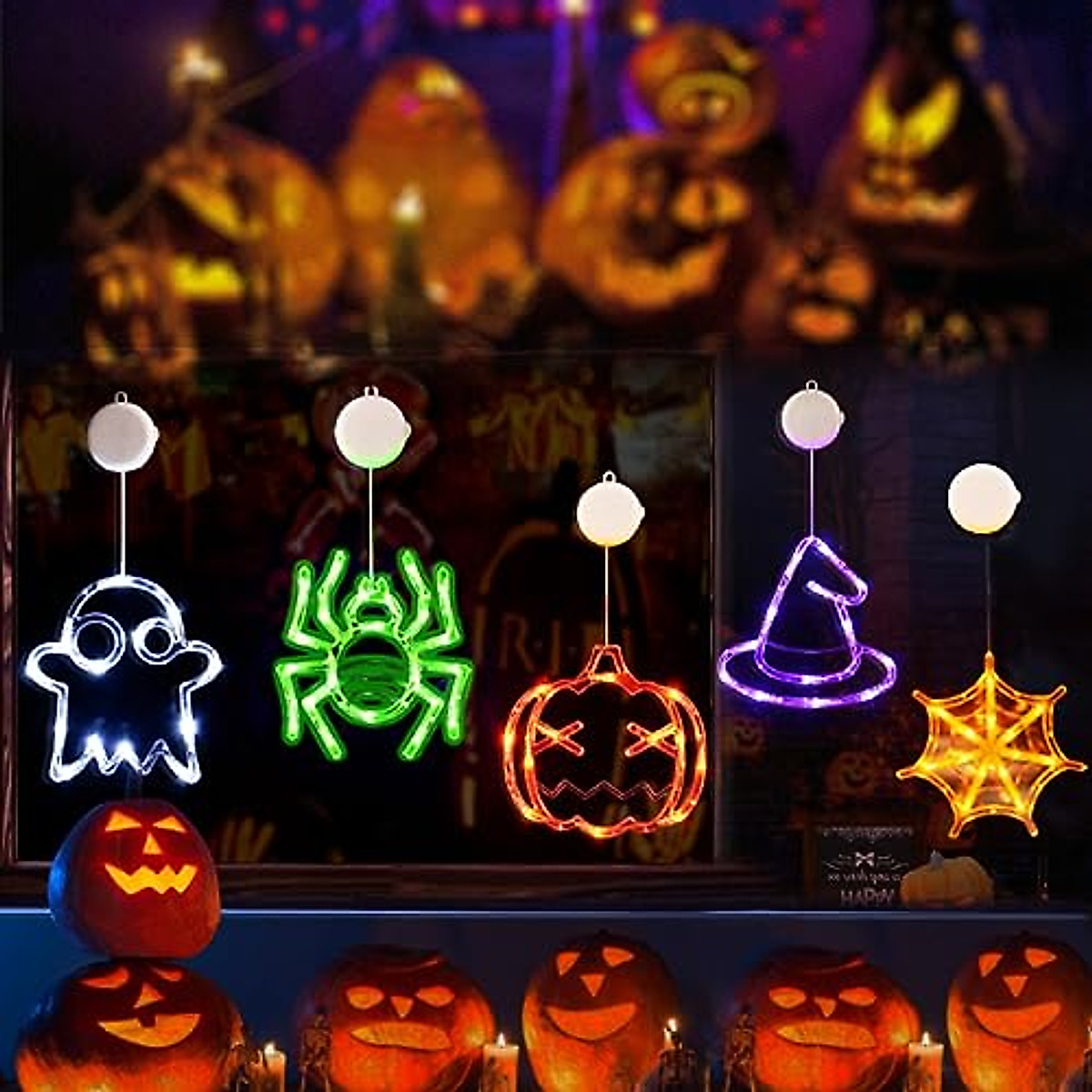 Halloween Decorations,5 Packs with Pumpkin,Ghost,Spider,Witch's Hat,Spider Web Halloween Window Lights with Suction Cup & Hooks,Battery Operated Indoor Window Hanging Lights for Night Window Decor