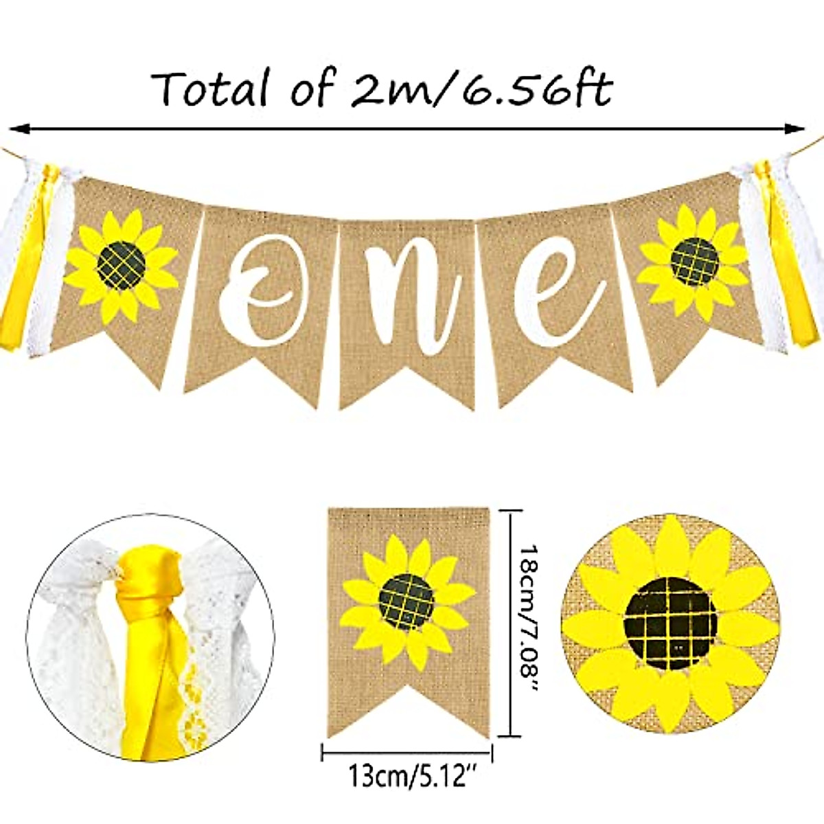 Doumeny Jute Burlap One Banner with Sunflower One HighChair Banner Boy Girl 1st/First Birthday Bunting Banner Baby Shower Party Banner Sunflower Tassel Ribbon Garland Banner for Party Photo Prop Decor