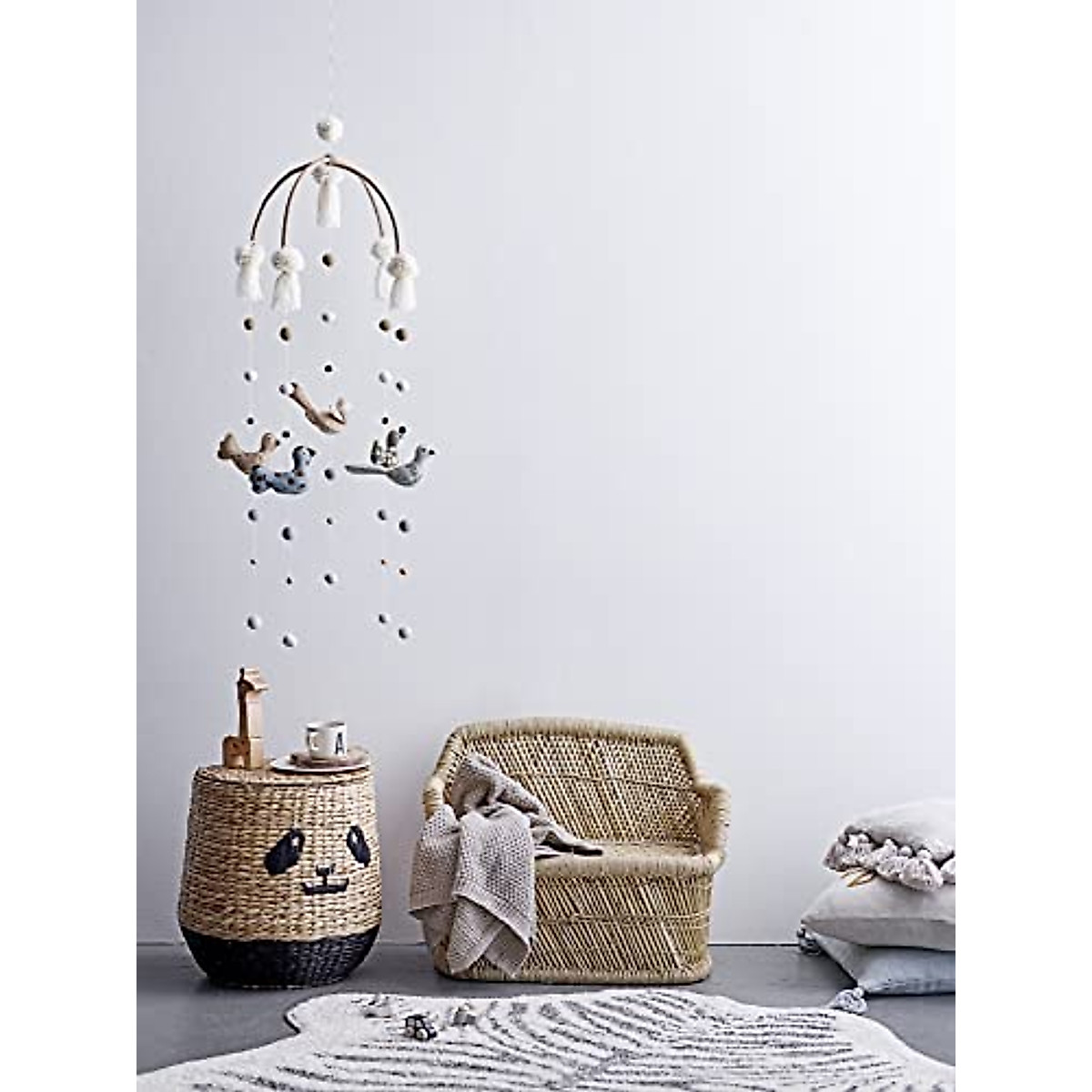 Bloomingville Handwoven Beige & Black Panda Face Rattan Lid Basket, Beige