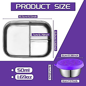 Suttmin 4 Pcs Stainless Steel Bento Box Set, Lunch Containers 3 Sections Portion Control Containers 3 Pcs Mini Stackable Condiment Containers for Lunch Box (Purple,6.5 x 4.92 x 2.44 Inch)