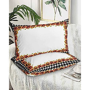 Edwiinsa Halloween Pillow Covers King Standard Set of 2 Bed Pillow, Black White Plaid Pumpkin Green Leaves Plush Soft Comfort for Hair/Skin Cooling Pillowcases with Envelop Closure 20''x36''
