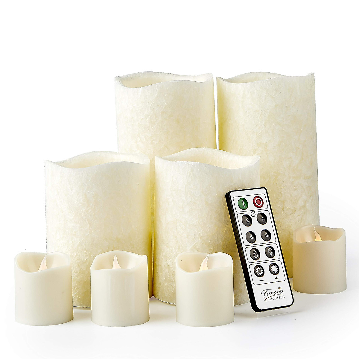 Furora LIGHTING Ivory Crystallized Real Wax Flickering Candles with Remote and Timer, 4 Pillars and 4 Votives Pack of 8 for Home Décor, Battery Included