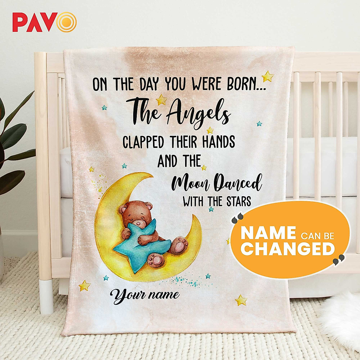 Pavo Personalized Baby Blanket with Name - Baby Teddy Bear with Moon Blanket - Includes Bib & Onesie Option - Personalized Baby Gifts for Christmas, Thanksgiving, Shower
