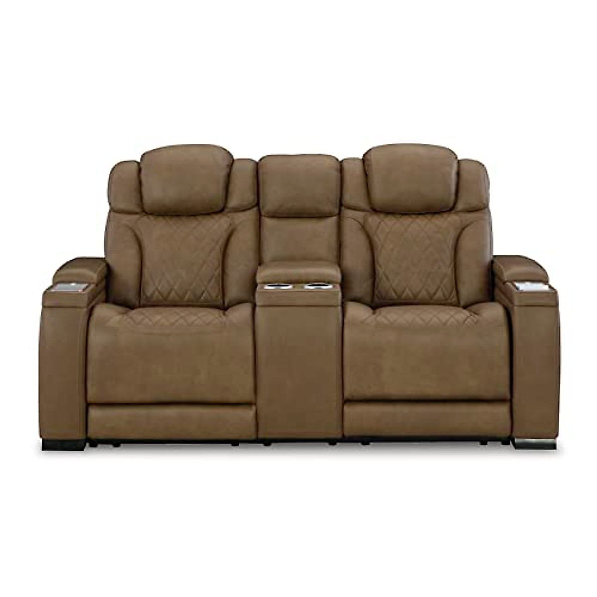 Signature Design by Ashley Strikefirst Contemporary Tufted Leather Power Reclining Loveseat with Console and Adjustable Headrest, Light Brown