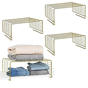 mDesign Modern Versatile Metal Closet, Cabinet Organizer Storage 2-Tier Shelf Divider, Separator for Bedrooms, Bathrooms, Entryways, Hallways, Kitchen Pantry, Office, Easy Install, 4 Pack - Soft Brass