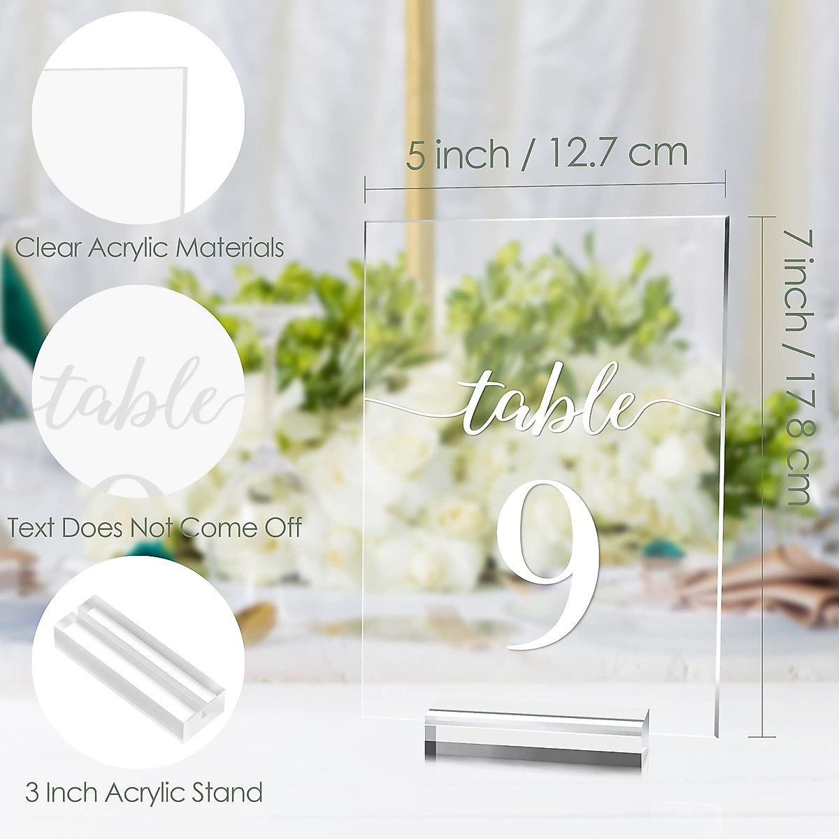 5x7 Inch Wedding Table Numbers 1-10 with Stands- JINMURY Clear Acrylic Table Numbers Printed Calligraphy Font, Acrylic Sign Wedding Table Numbers with Holder Base for Wedding Party Reception