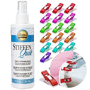 Aleenes Stiffen Quik Fabric Spray (8oz) - Washable Adhesive for Fabric, Textiles, Hats, Bags, and Crafts. Includes 20 Sewing Clips