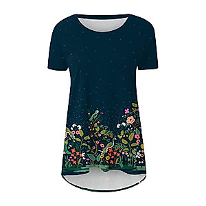 Womens Shirts Casual Womens Tunic Tops to Wear with Leggings Pattern Print Crewneck Short Sleeve Shirt Irregular Hem Tunic Hide Belly Shirt Womens Tops Summer Navy 5X