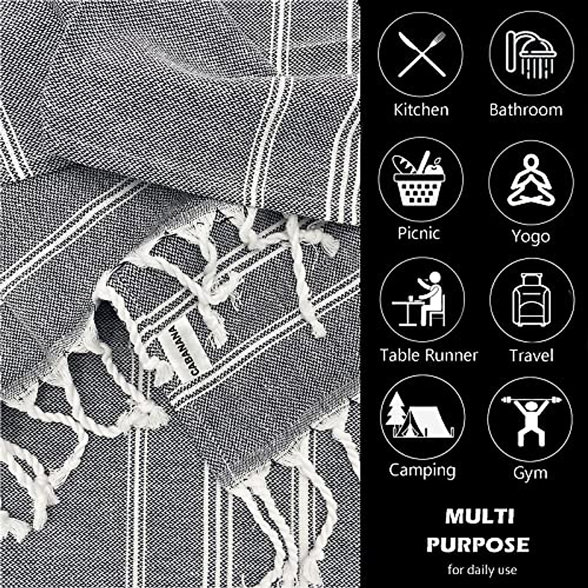 cabanana Cotton Turkish Hand Towel - Set of 2 | Boho Kitchen Tea Towels, 30 x 20 Inches Thin Decorative Bathroom Towel (Black)