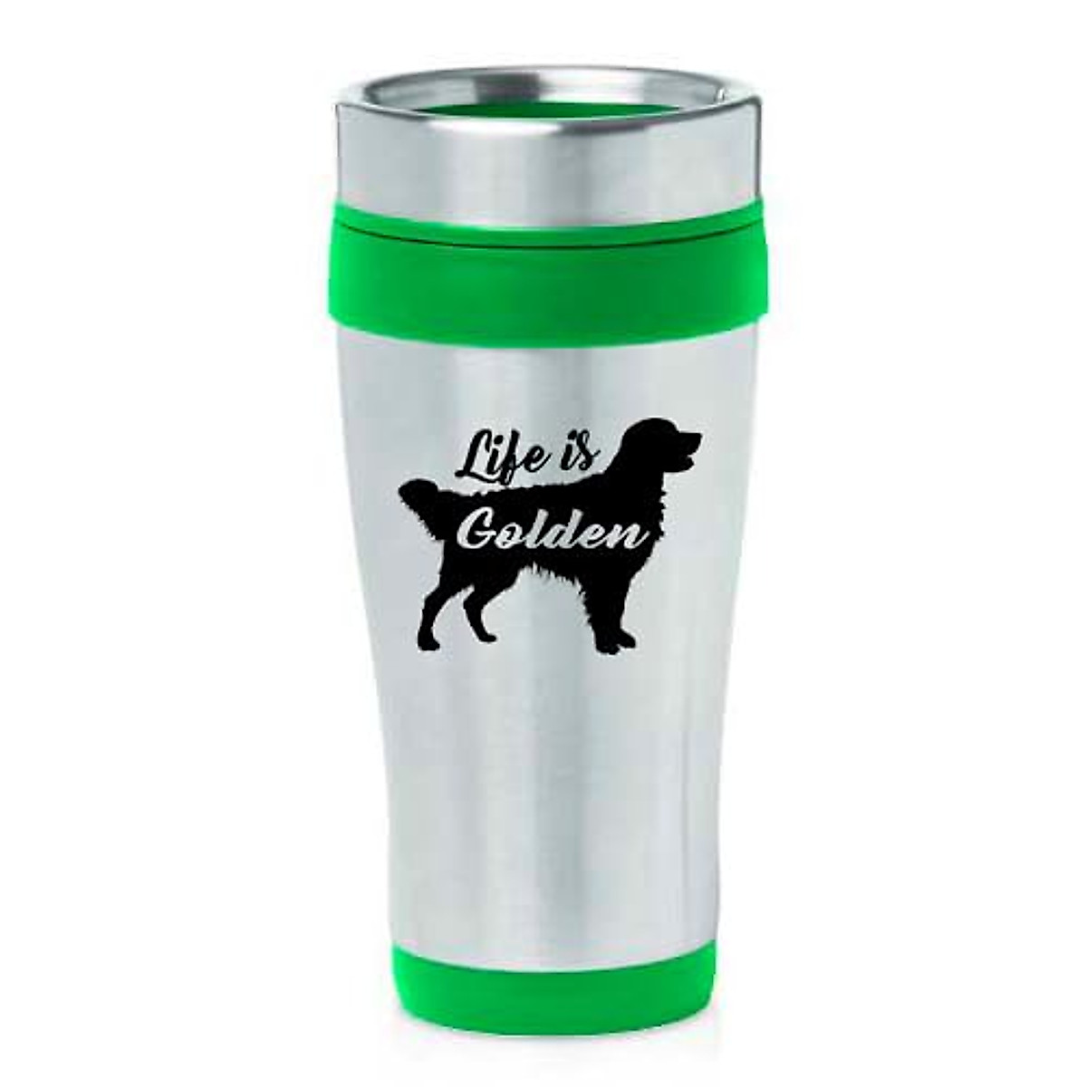 16oz Insulated Stainless Steel Travel Mug Coffee Mug Tumbler Golden Retriever 'Life is Golden' (Green)