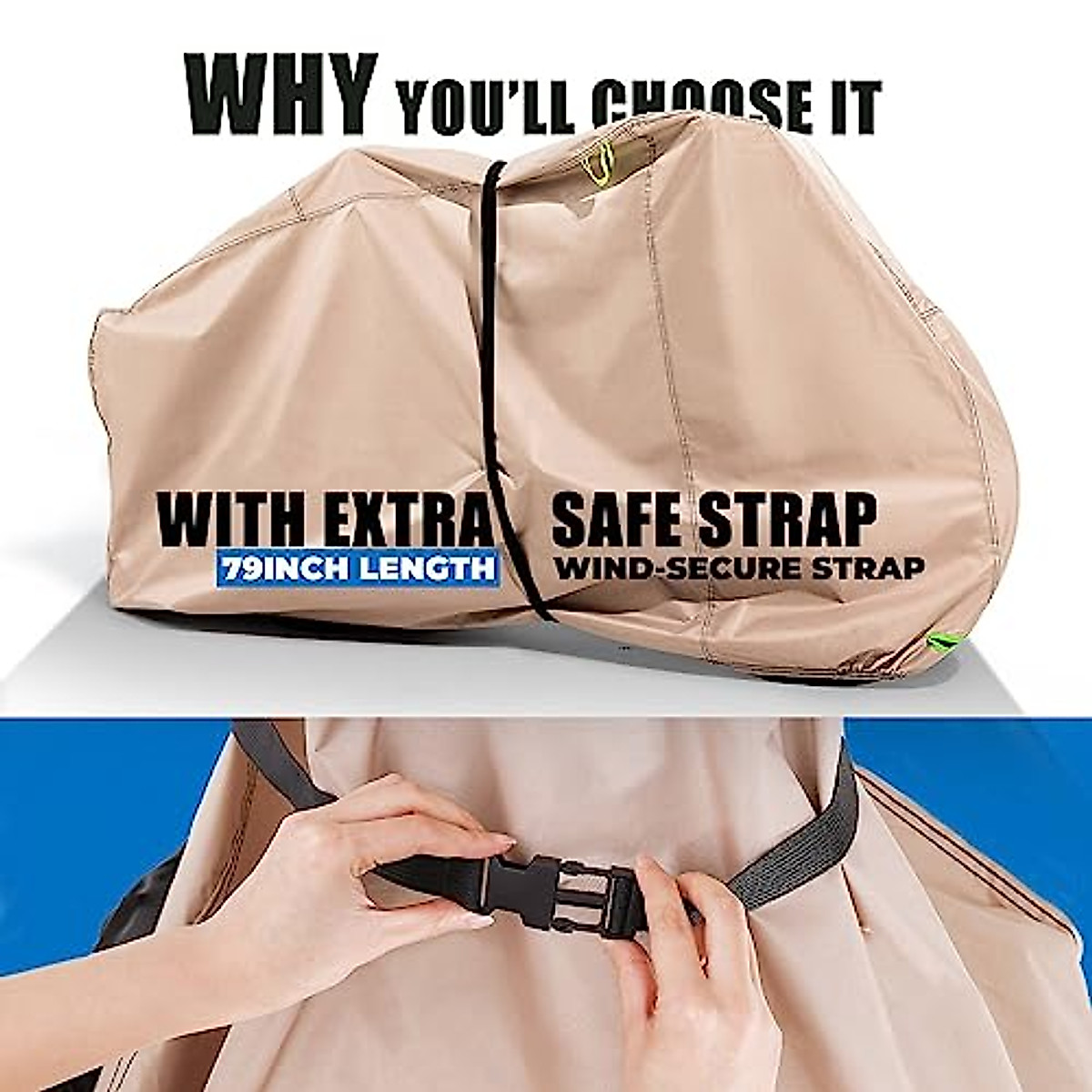 Bike Cover for 1 or 2 Bikes Outdoor Storage Waterproof Bicycle Cover for Transport on Rack, Rain Sun UV Dust Wind Proof with Wind-Secure Strap & Storage Bag, 420D Heavy Duty Bike Covers, Khaki