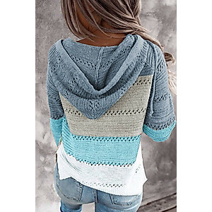 SMENG Womens Cardigan Knit Sweater Hoodies Striped Color Block Drawstring Sweatshirts V Neck Blue XL