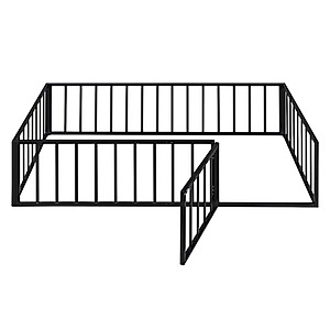 KTATK Twin Size Metal Floor Bed Frame with Fence and Door, Versatile Montessori Beds,No Box Spring Needed,Easy to Install,for Kids,Boys,Girls,Black