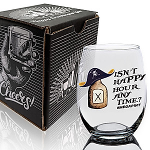 Patriots Cave Is Not Happy Hour Any Time? Pirate | Funny Novelty Stemless Wine And Beer Tumbler 15 oz. | Mega Pint | Justice For Johnny Anti Amber Mug | Johnny Depp Mug For Captain Jack Sparrow Fans