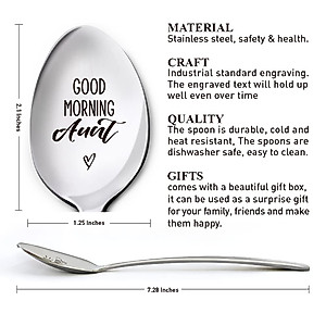 Good Morning Aunt Spoon Gift, Mother’s Day Birthday Thanksgiving Christmas Gifts for Best Aunt Ever, Auntie Gifts from Nephew Niece, Engraved Stainless Steel Spoon Gifts for Aunt