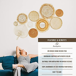 Wall Basket Decor Set of 10 - Hanging Woven Wall Baskets Decorative Seagrass - Farmhouse Wall Decor Kitchen Boho Handcrafted & Unique Wicker Wall Art Decor for Living Room, Dining Room, Bed Room