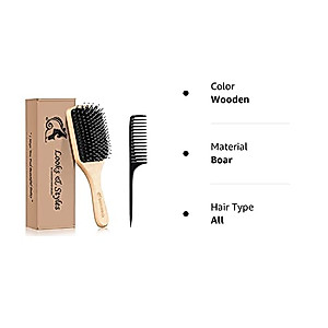 Hair Brush, Sosoon Boar Bristle Paddle Hairbrush for Long Short Thick Thin Curly Straight Wavy Dry Hair for Men Women Kids, No More Tangle, Giftbox & Tail Comb Included