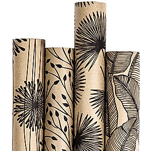 RUSPEPA Wrapping Paper Kraft Paper - Plants All-Black Paint Design - 4 Rolls - 30 inches x 10 feet per Roll