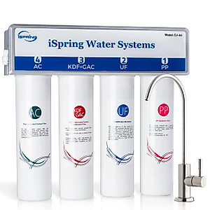 iSpring CU-A4 0.01μm Ultra-Filtration Under Sink Water Filter System, Remove 99.99% Contaminants, Quick Filter Change with Chrome Faucet, White & UVF11A UV Ultraviolet Light Water Filter