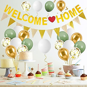 Welcome Home Decorations,Green Gold Welcome Home Balloons Banners Set,Welcome Home Glitter Banner with Confetti Balloons,Pennant Flag Bunting for Home Family Baby Shower Welcome Back Party Supplies