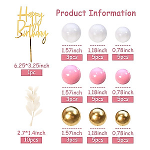 Pink Balls Cake Topper Boho Grass Cake topper Pink White Gold Pearl Balls Happy Birthday Cake Decorations for Wedding Baby Shower Birthday Boho Themed Party Supplies (Pink)