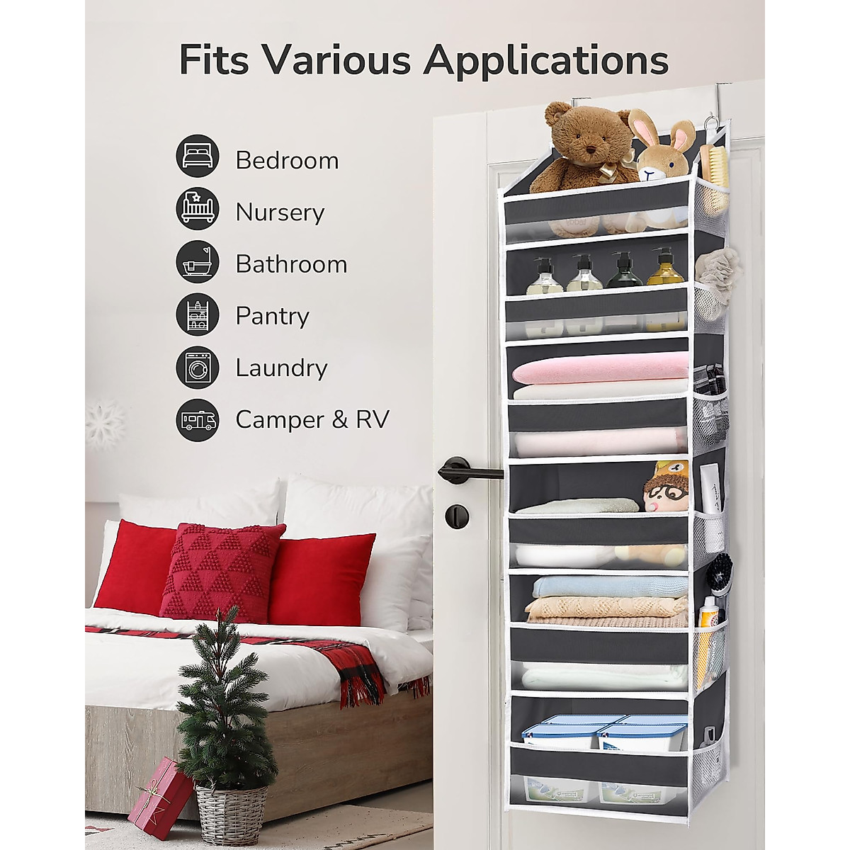 ULG Over Door Organizer with 4 Large Pockets 6 Mesh Side Pockets, 33 lbs Weight Capacity Hanging Storage Organizer with Clear Window for Bedroom Nursery, Baby Kids Toys, Diapers, Dark Grey (1 Pack)