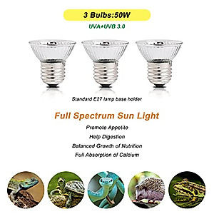 Reptile Heat Lamp Fixture ,360°Rotatable Clips and Adjustable Switch Holder Clamp Lamp with 3 Pcs 50W UVA UVB Full Spectrum Sun Lamp for Turtle Lizard Snake Aquarium Chameleons Amphibians（Black）