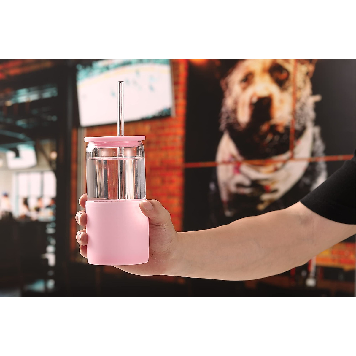 Sunseeke Glass Tumbler with Straw and Lid, 16oz Ice Coffee Cup, Silicone Sleeve Cleaning Brushes, Drinking Glasses for Water, Iced Coffee, Smoothie - BPA Free -3 Pack