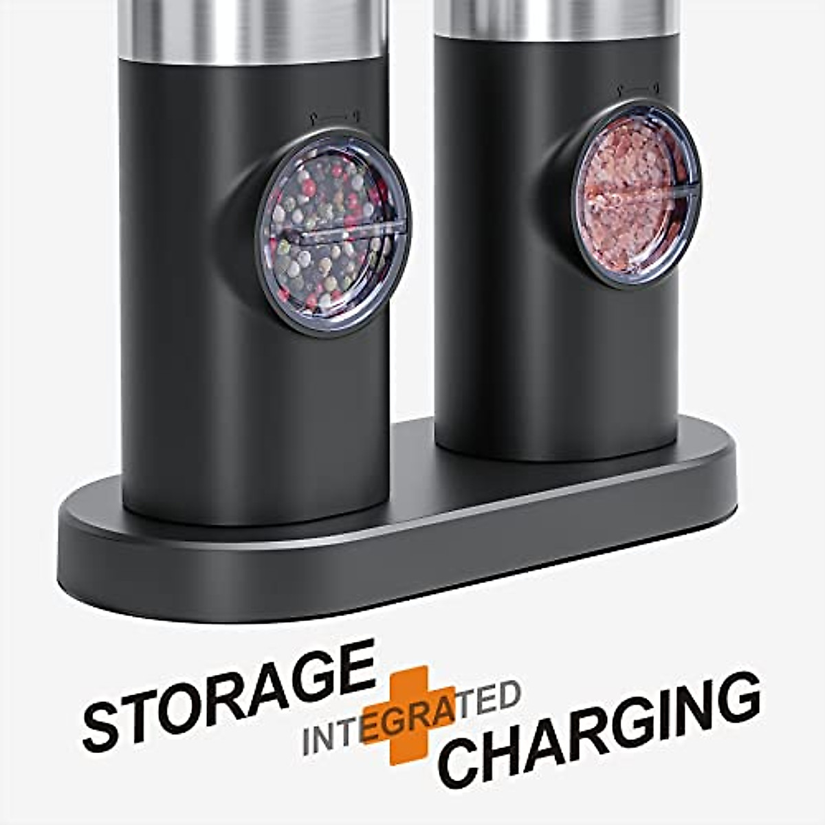 Electric Salt and Pepper Grinder Set with Rechargeable Base, Stainless Steel Salt and Pepper Grinders/Mill with Adjustable Coarseness, Refillable Salt and Pepper Shakers with LED Light, a Pair