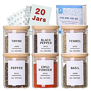 Glass Spice Jars with Bamboo Lids - 20 Pcs Thicken(2.4mm) 4oz Airtight Seasoning Containers with 131 Waterproof Minimalist Spice labels Preprinted - Small herb Jars for Pantry Organization and Storage