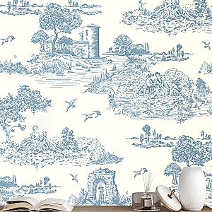 WENMER Toile Peel and Stick Wallpaper 17.7” X 118” Blue and White Wallpaper Blue Contact Paper Removable Vintage Chinoiserie Wallpaper French Wallpaper for Bedroom Living Room