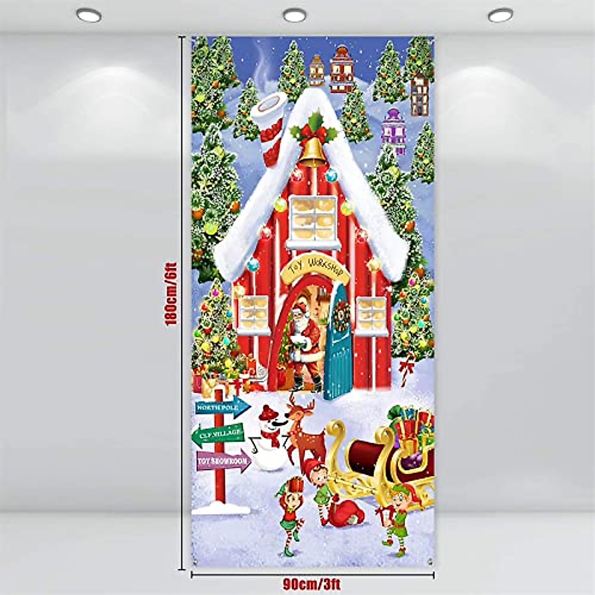 Christmas Door Decoration Fabric Santa Banner Snowy Winter House Backdrop North Pole Wall Scene Cover Christmas Photo Booth Wall Sign for Xmas Winter Holiday Wall Door Decoration (70.9 x 35.4 Inch)